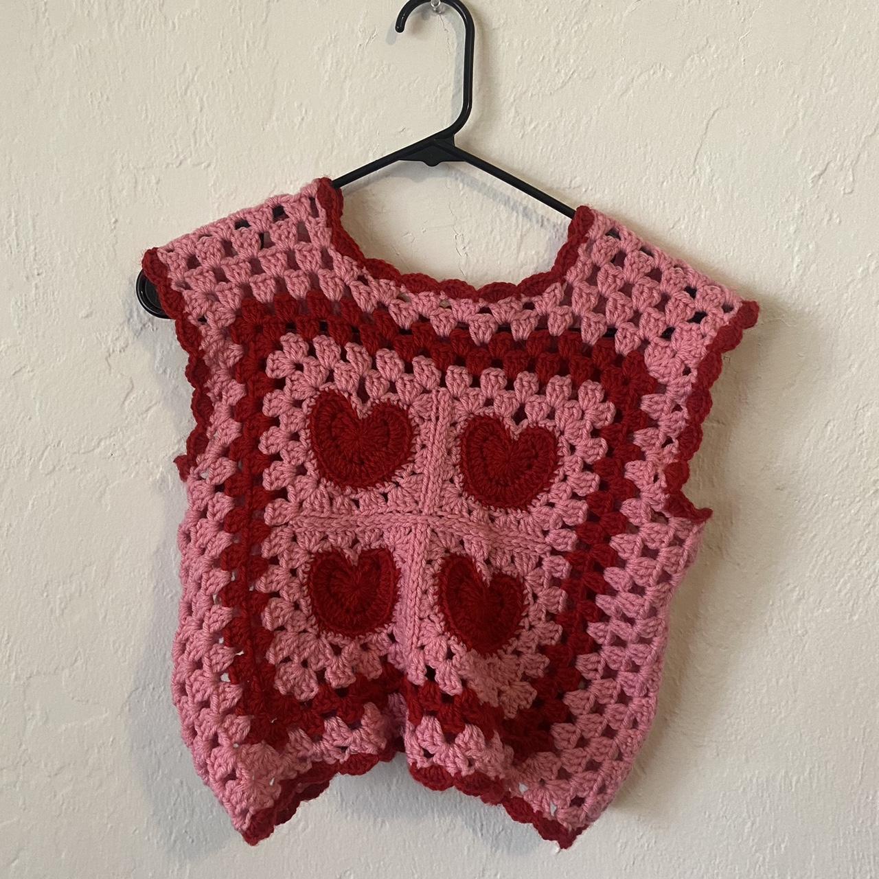 hand crochet pink and red heart crop top! fits... - Depop