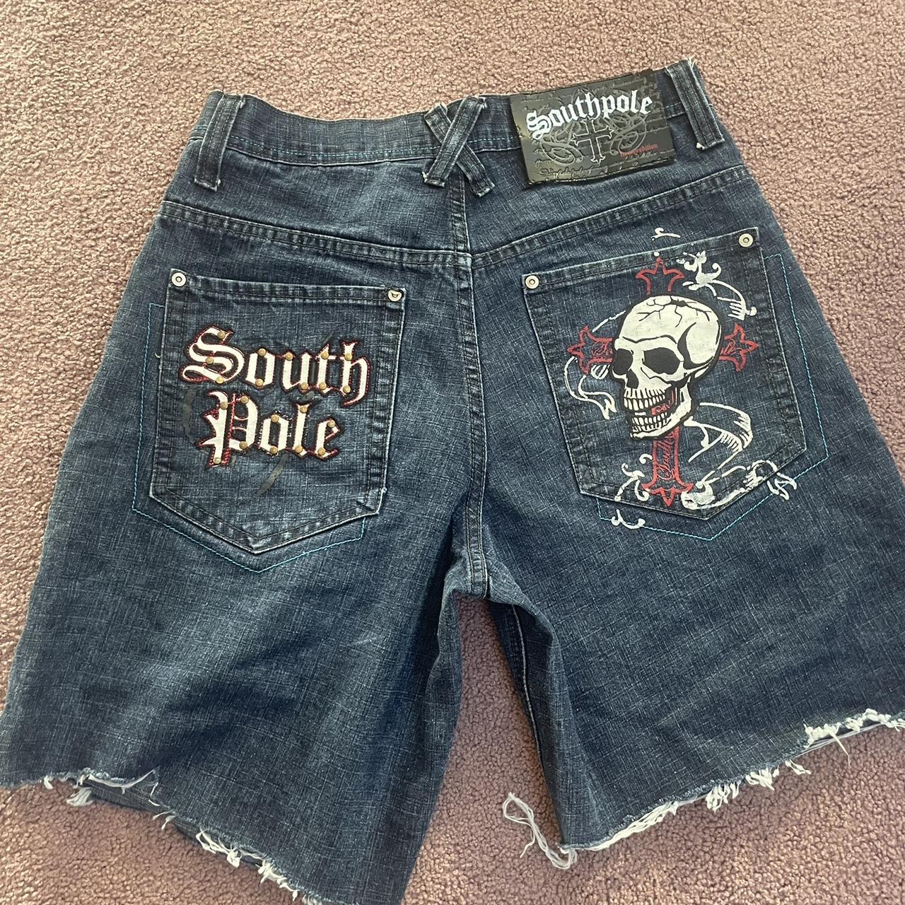 baggy y2k skull type south pole jorts was once jeans... - Depop