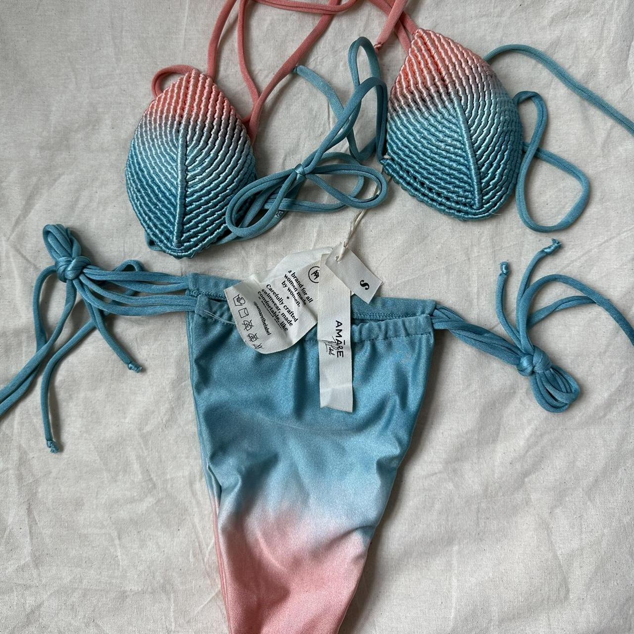 Amare Sea Shells knitted bikini in blue & pink... - Depop