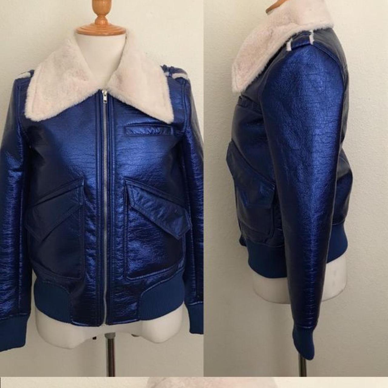 Colbalt Blue Metallic Leather Jacket with fur Brand:... - Depop
