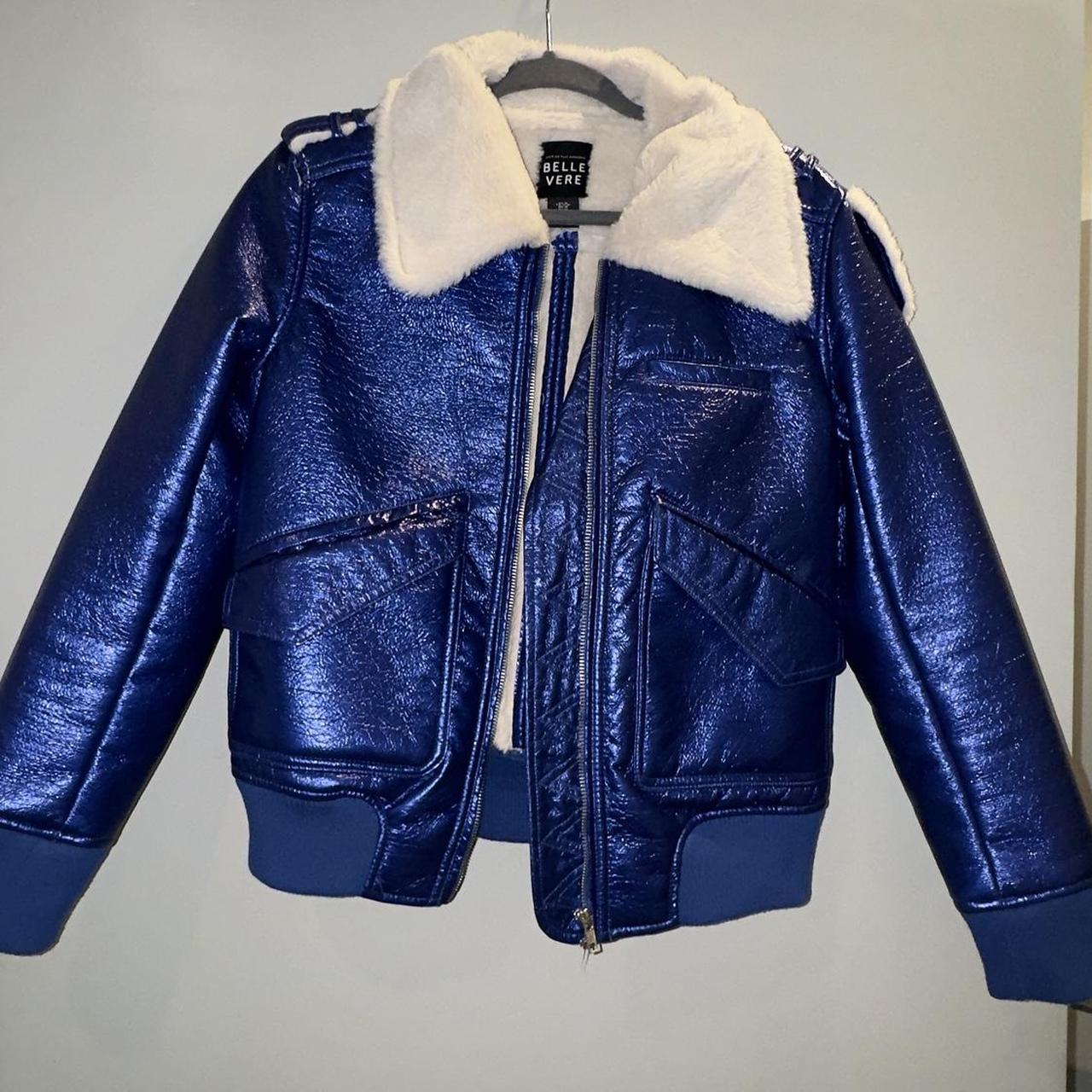 Colbalt Blue Metallic Leather Jacket with fur Brand:... - Depop