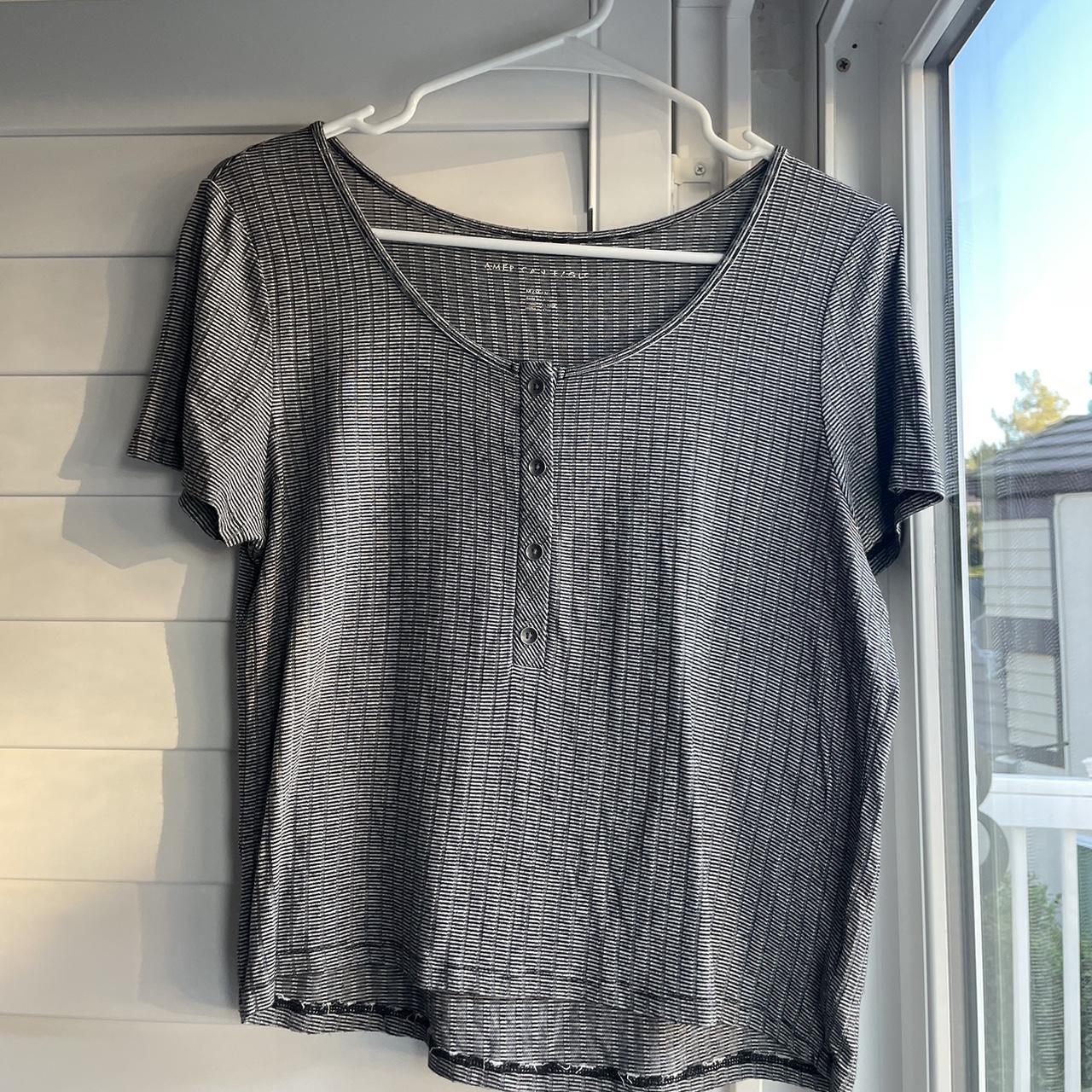 American Eagle black and white striped buttoned... - Depop