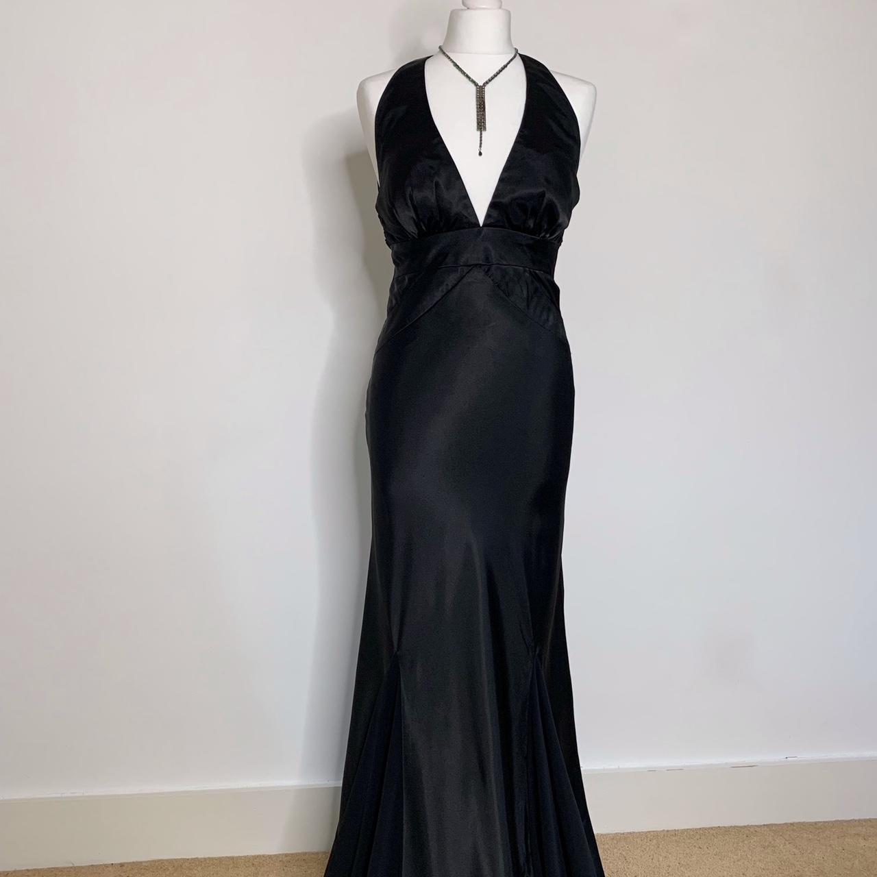 Vintage Y2K prom dress, beautiful black satin halter... - Depop