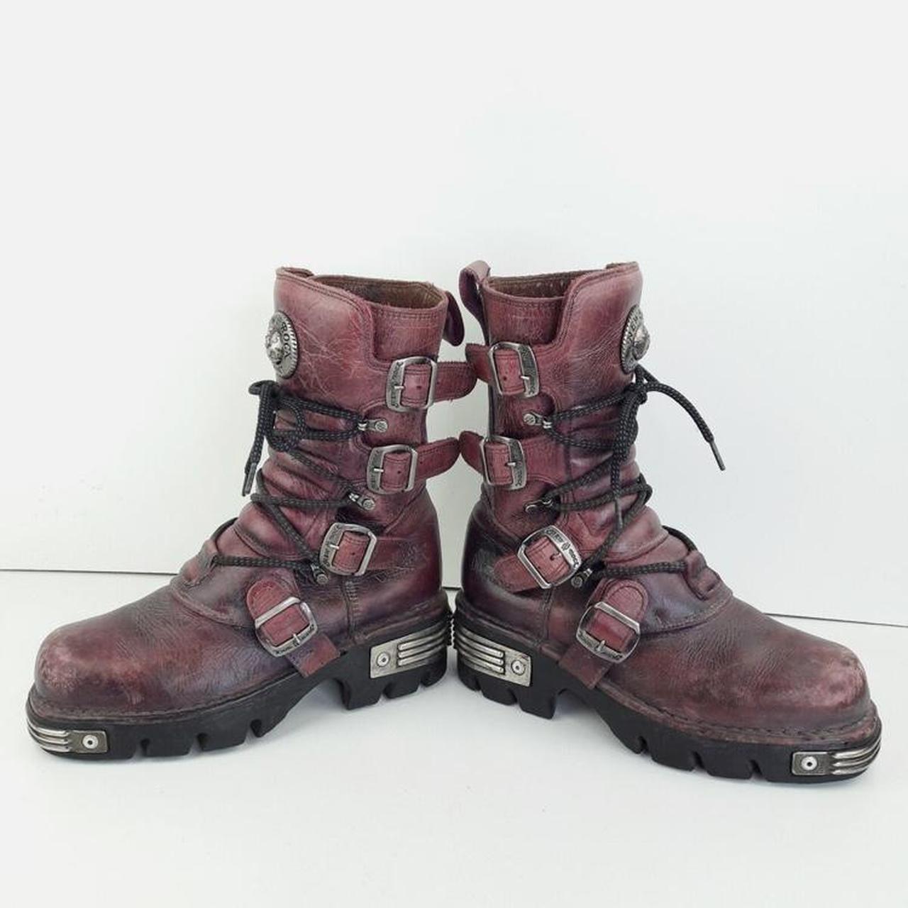Burgundy vintage new rock leather lace-up boots with... - Depop