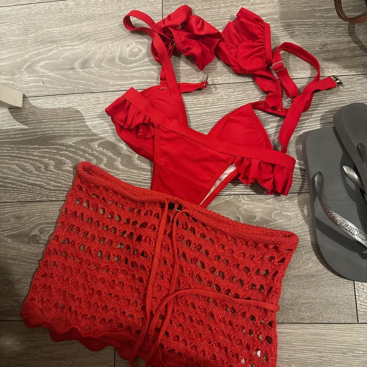 Red ruffle bikini & red cover up skirt Size 6-8 - Depop