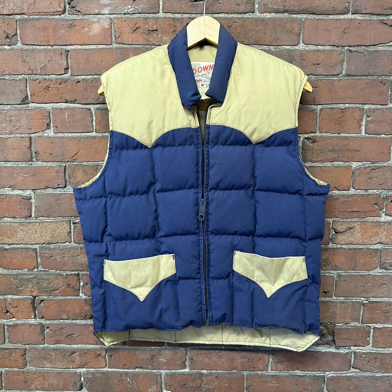 1970s Vintage Schott Goose Down Puffer Vest Tan Navy... - Depop