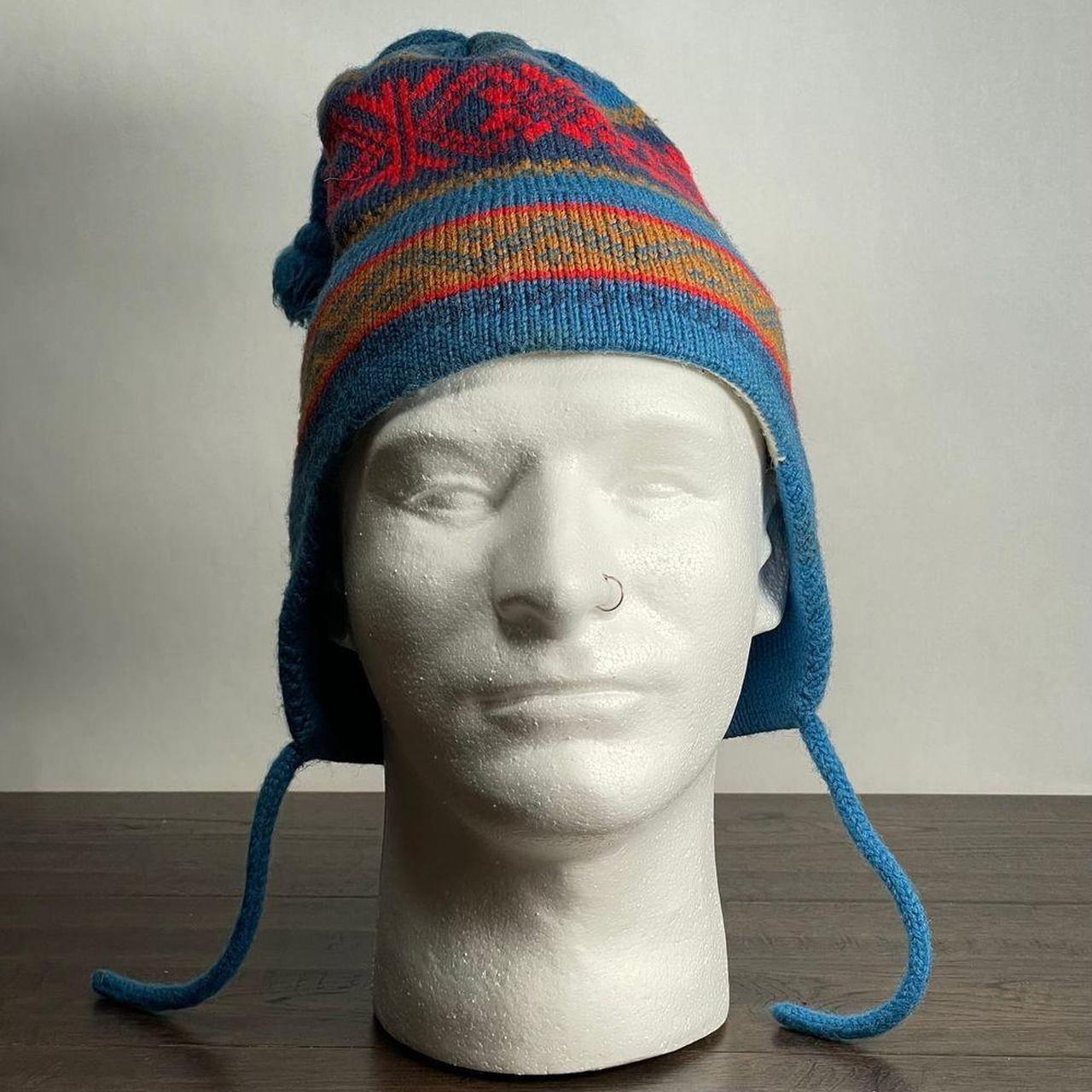 VTG 70s Hand Knit Chullo Beanie Blue Aztec Retro... | Depop