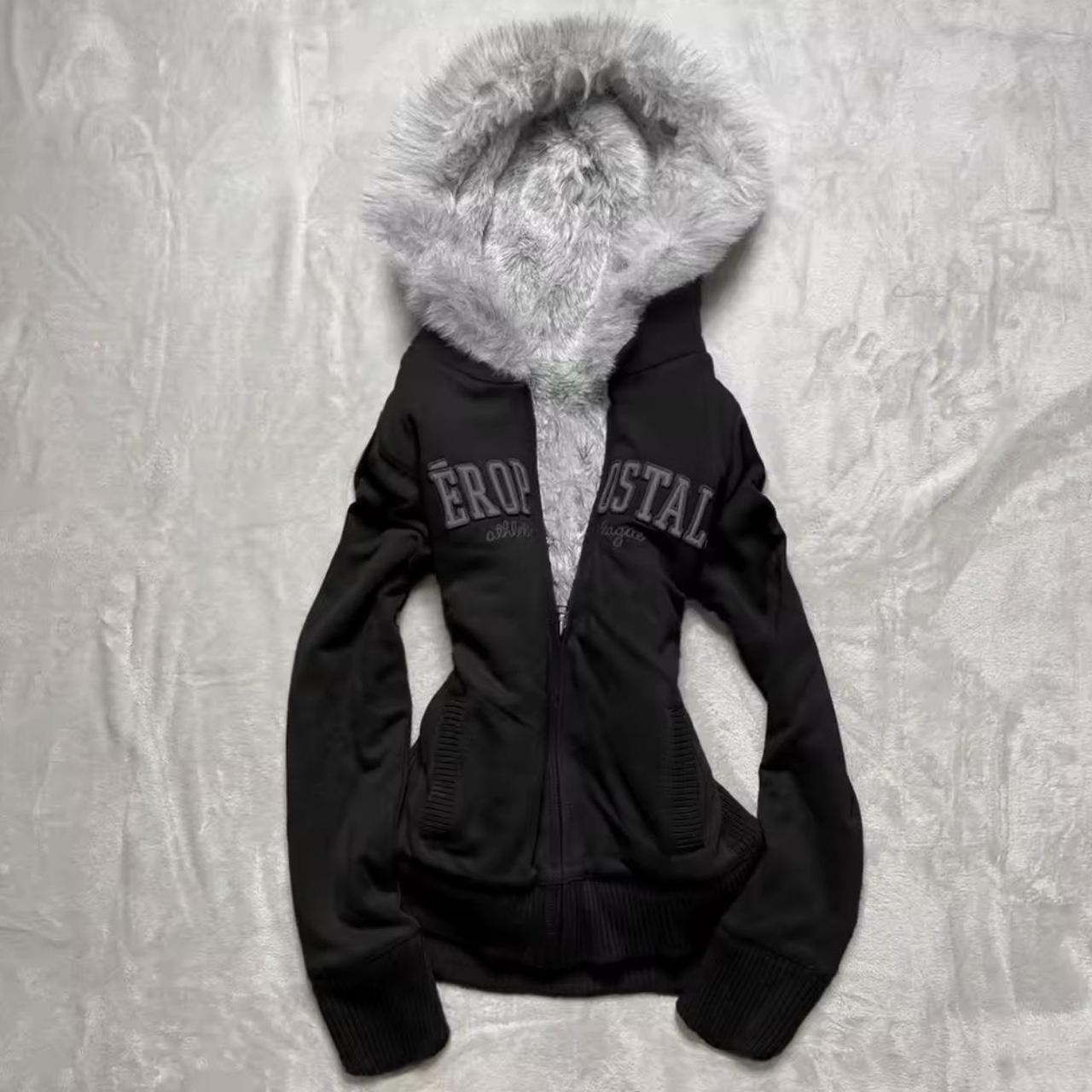 Black Aeropostale zip-up hoodie with faux fur hood... - Depop