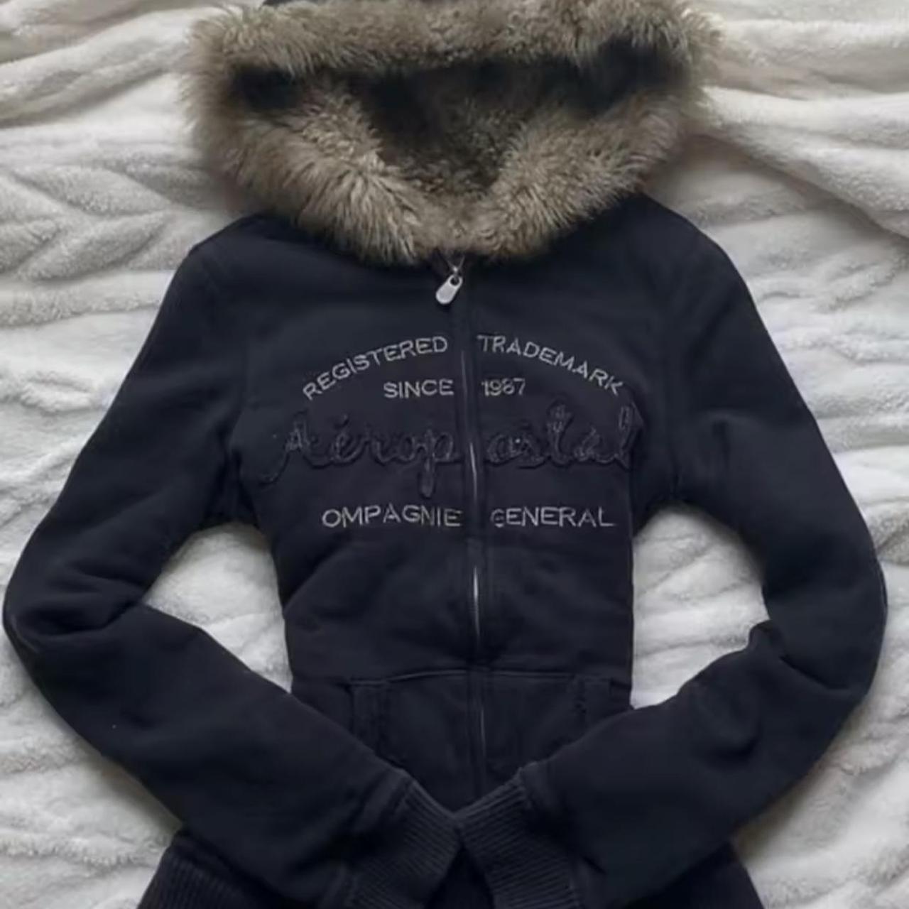Black and grey vintage Aeropostale hoodie with fur... - Depop