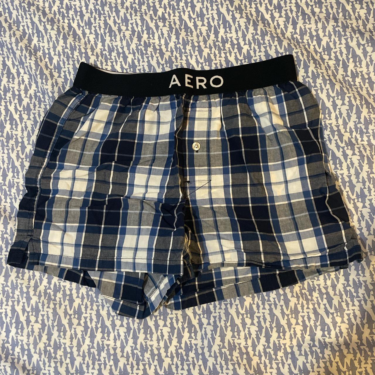 Aeropostale blue and white plaid boxers, adult small - Depop