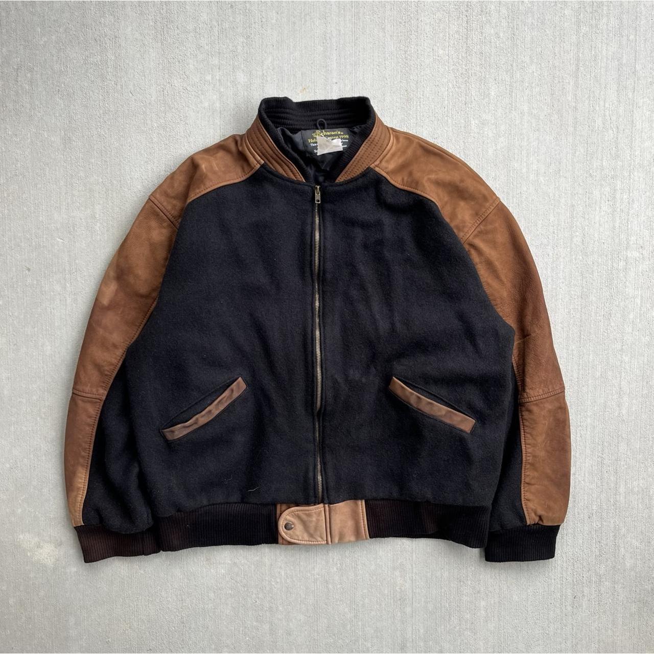 Vintage Schwan’s Leather/wool Bomber Jacket Size... - Depop