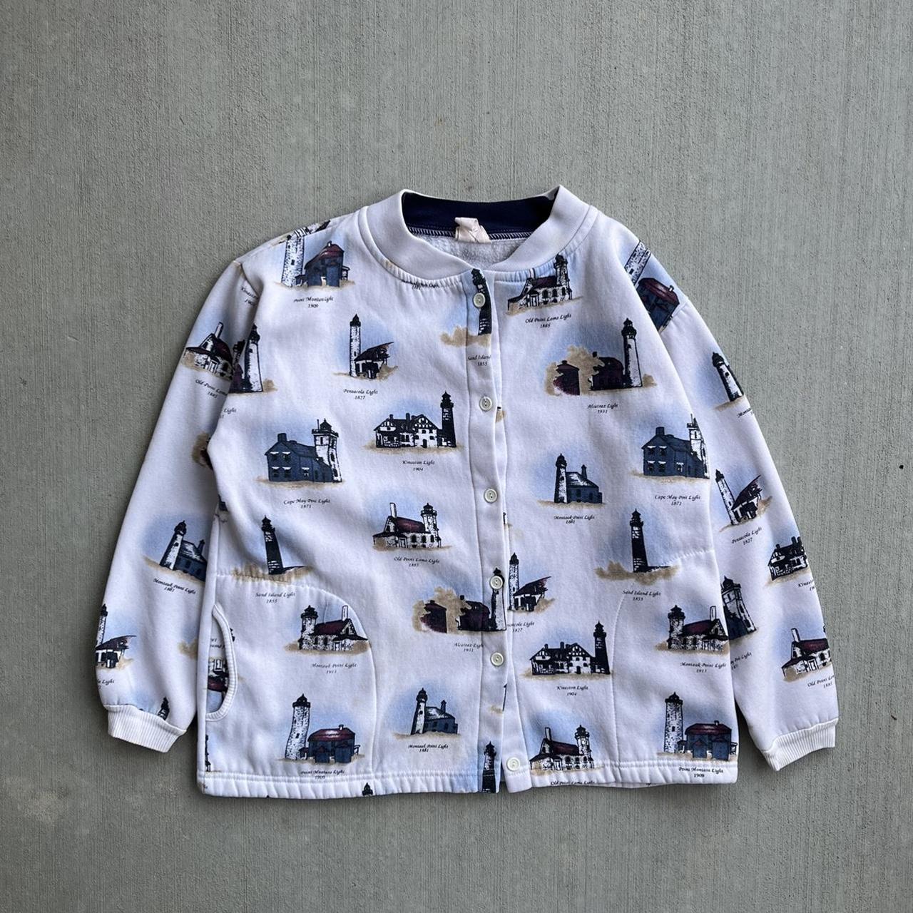 Vintage Lighthouse AOP Button Up Sweatshirt Size Medium - Depop