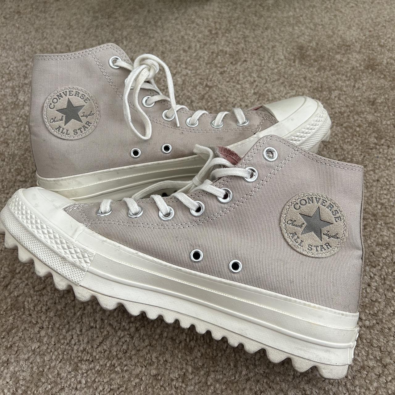 Pre-loved grey and white platform high top Converse... - Depop