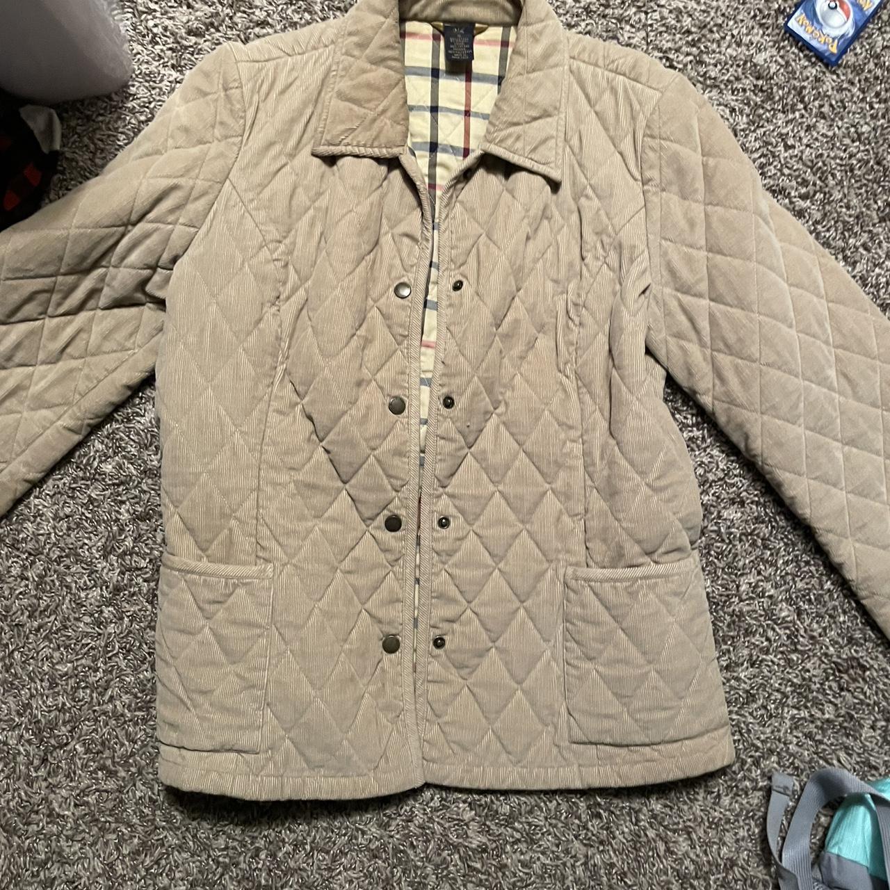 Tan quilted jacket with button-up closure and... | Depop