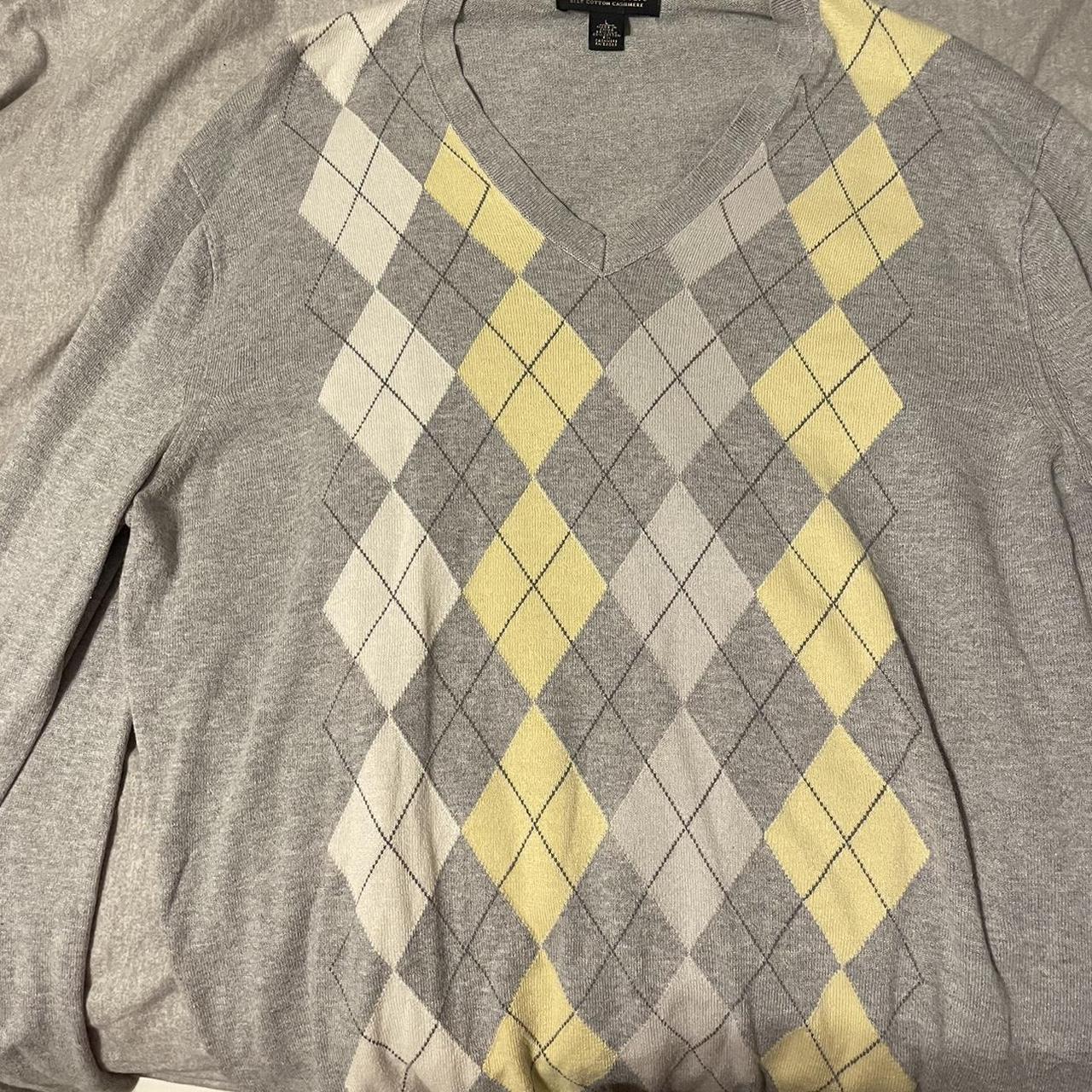 -White grey and yellow argyle print long sleeve... - Depop