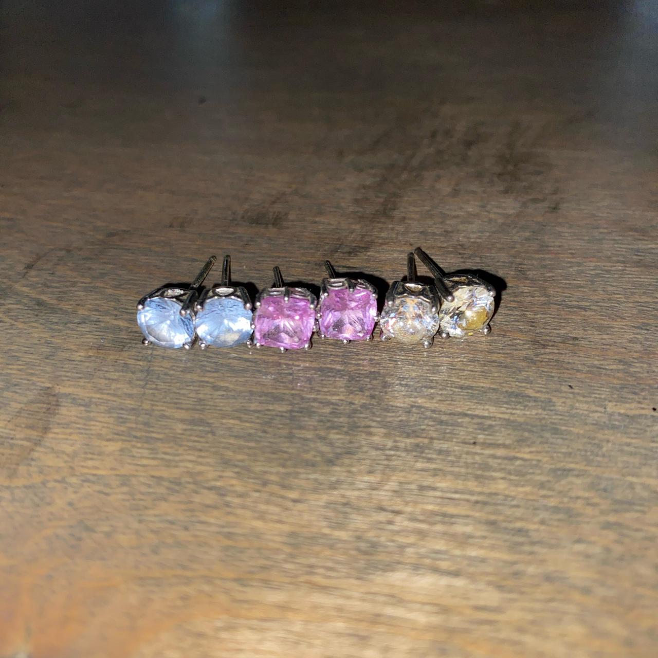 real silver stud earrings blue, pink, clear missing... - Depop