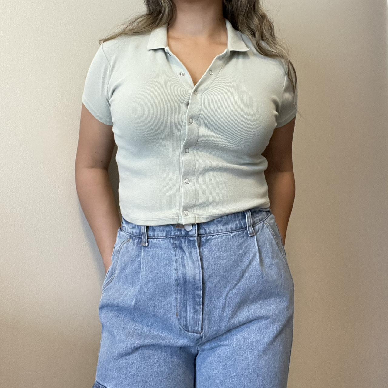 PacSun Sage Colored Button Up Collared Crop... - Depop