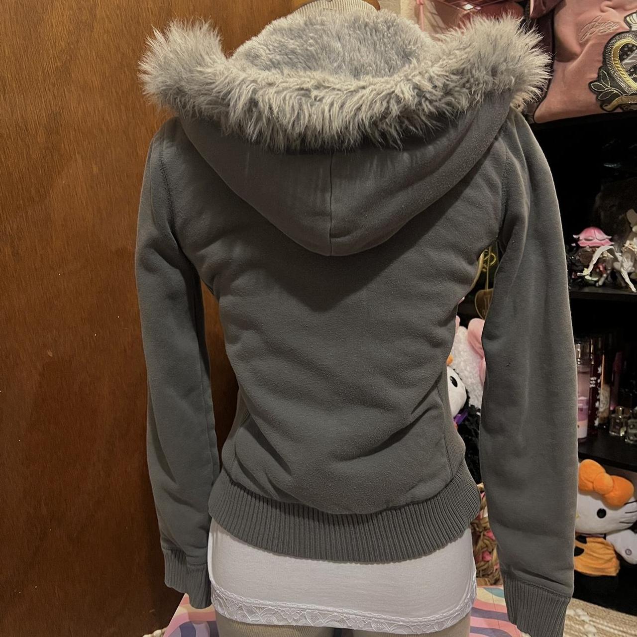 vintage grey aeropostale fur hoodie zip up jacket... - Depop