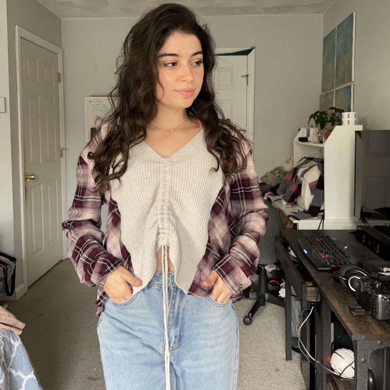 Flannel sweater reworked Scrunch front Size can... - Depop