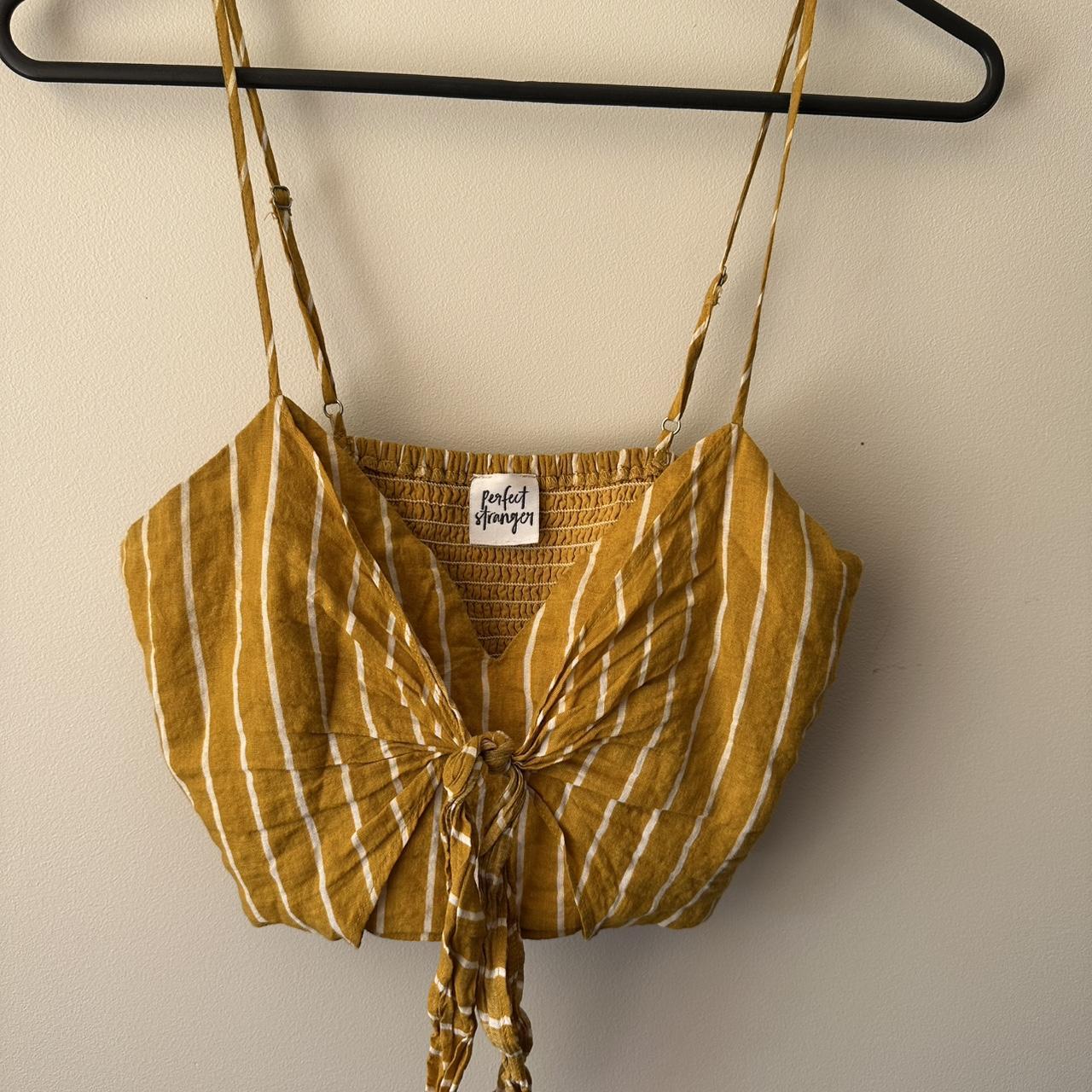 Perfect Stranger Yellow Tie up Pinfold Patterned Top... | Depop