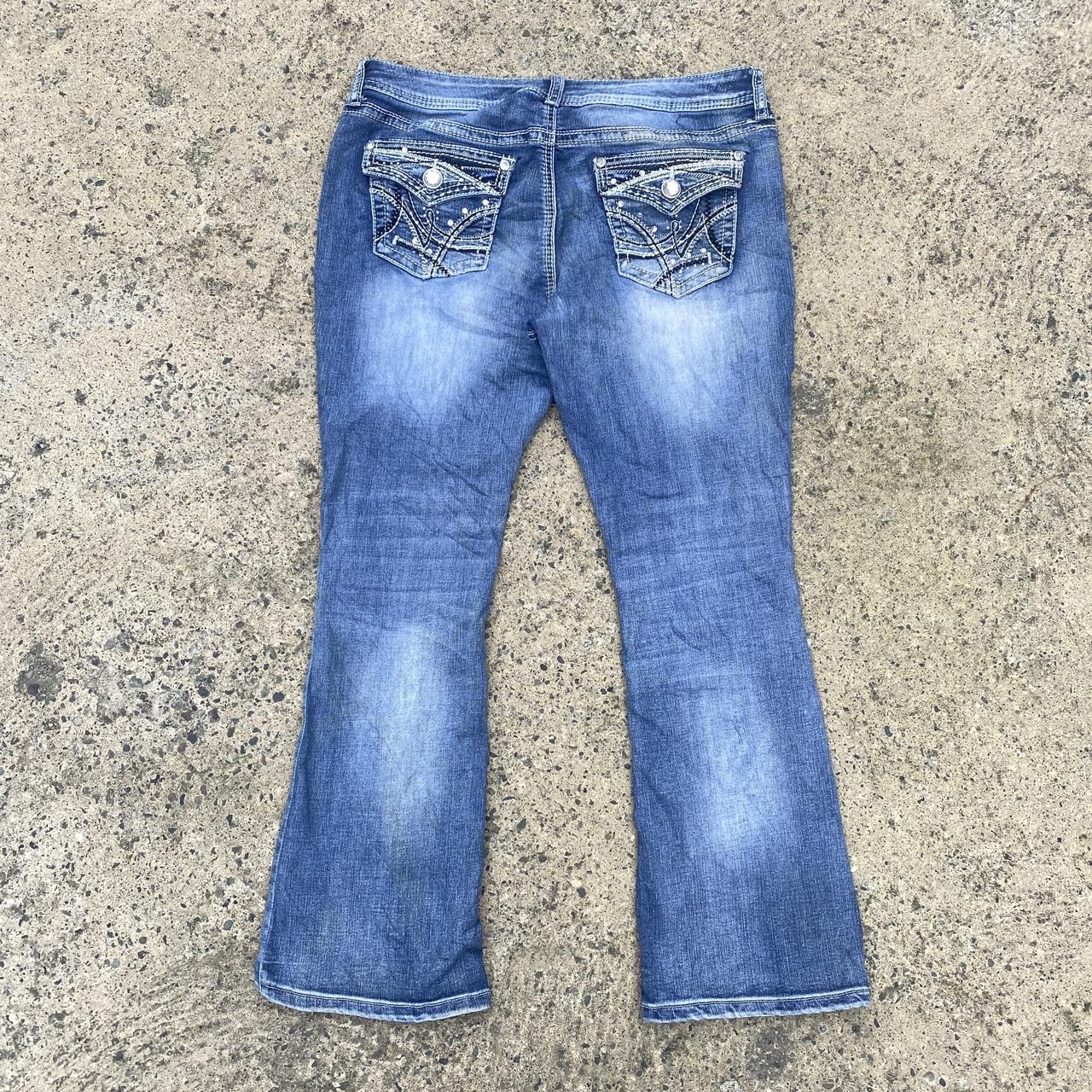 y2k rhinestone jeans has light yellow stains Size... - Depop