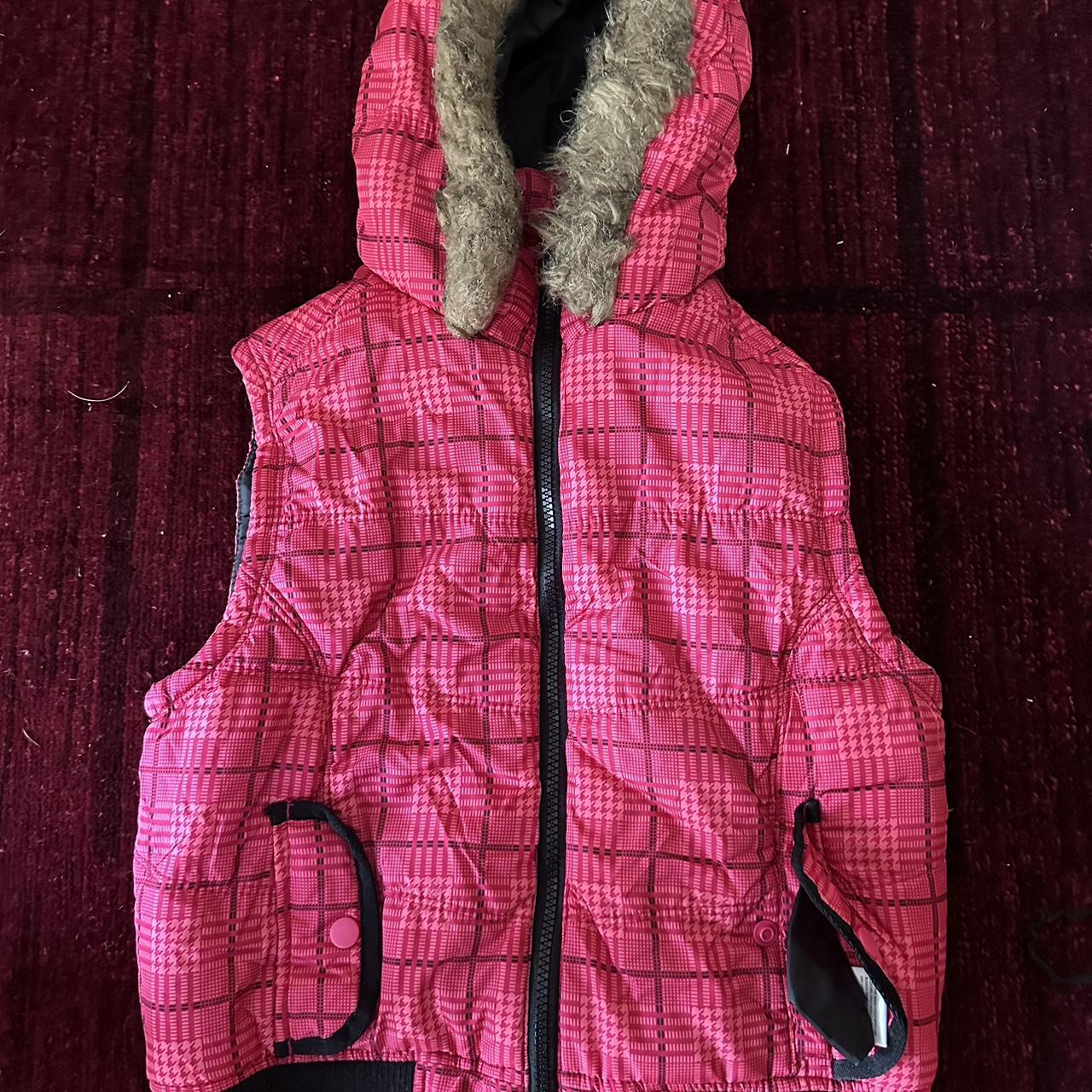 Pink plaid puffer mini vest with fur hood #y2k - Depop
