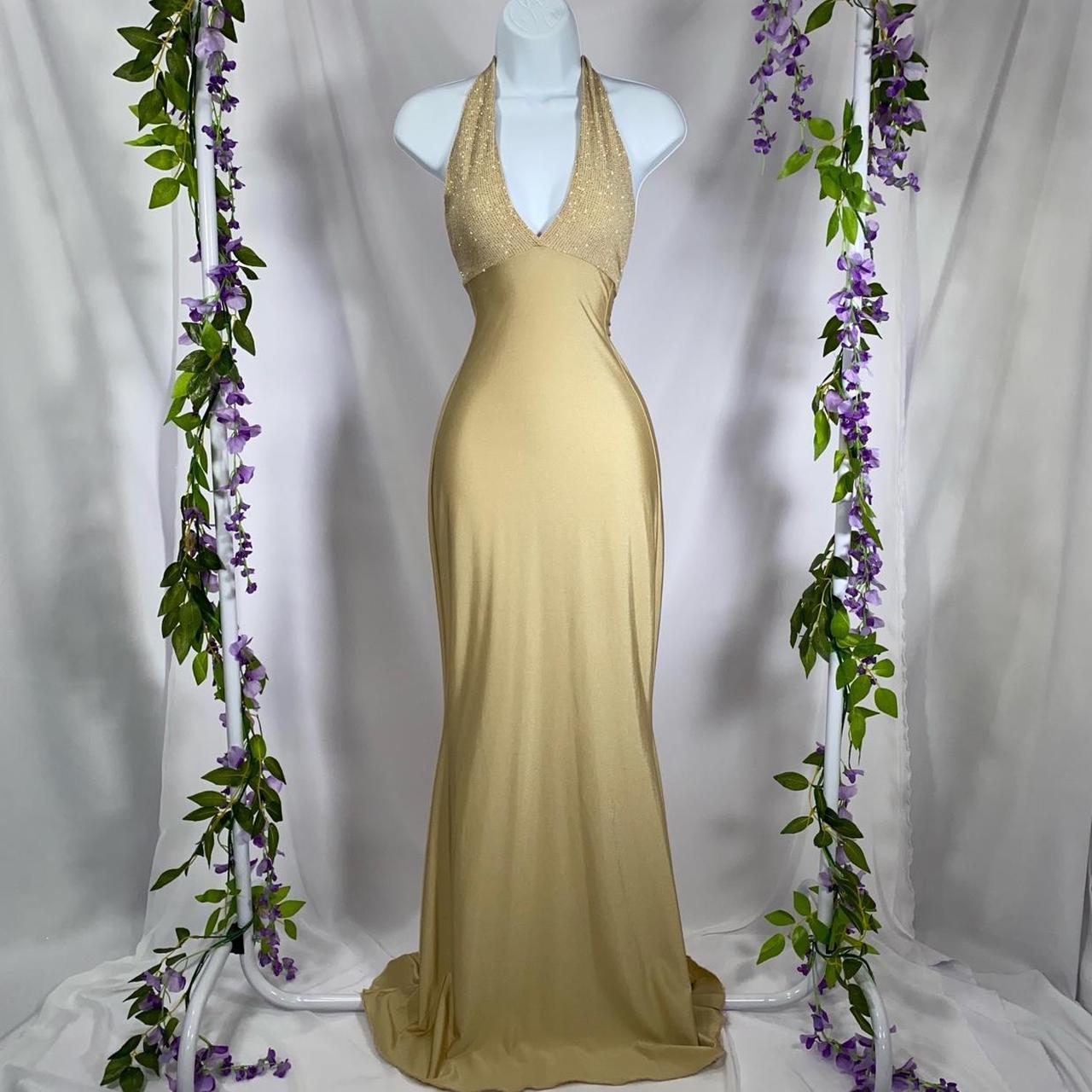 Vintage y2k gold halter maxi formal prom... | Depop