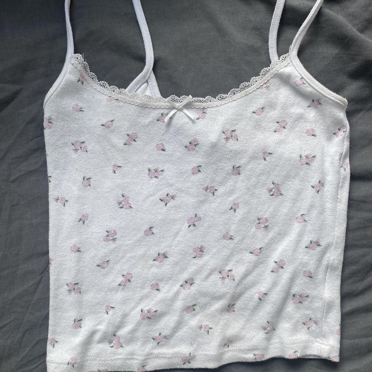 supre floral coquette bow lace white cami pink... - Depop