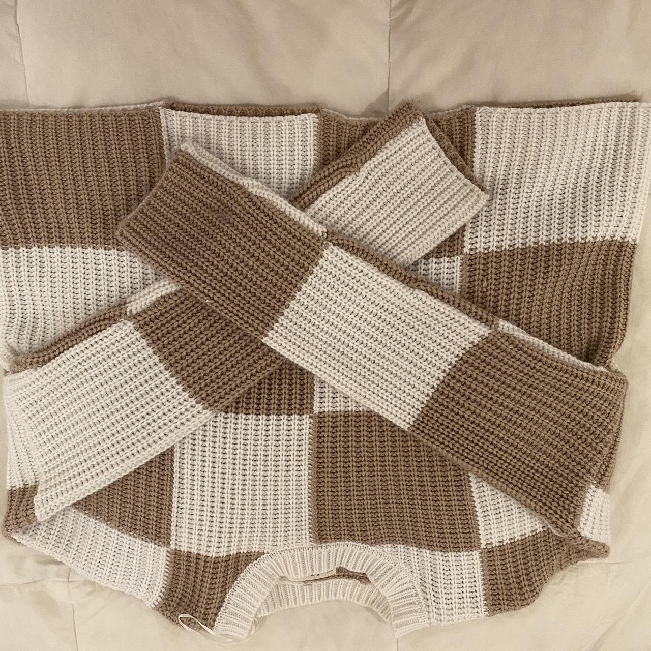 large brown and white checker knitted sweater - Depop