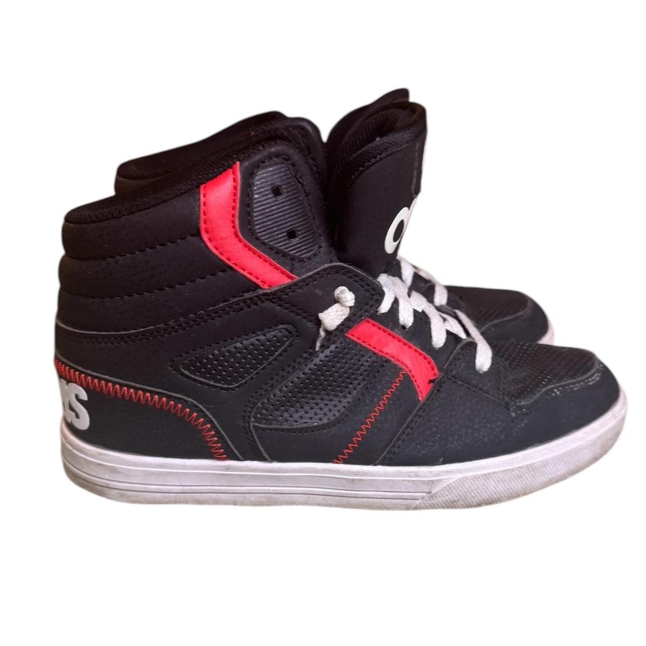 Osiris black and red mid/high top sneakers size 6.... | Depop