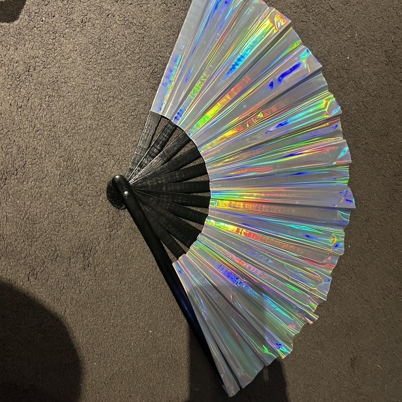 Metallic iridescent large fan. Hand shown for size. - Depop