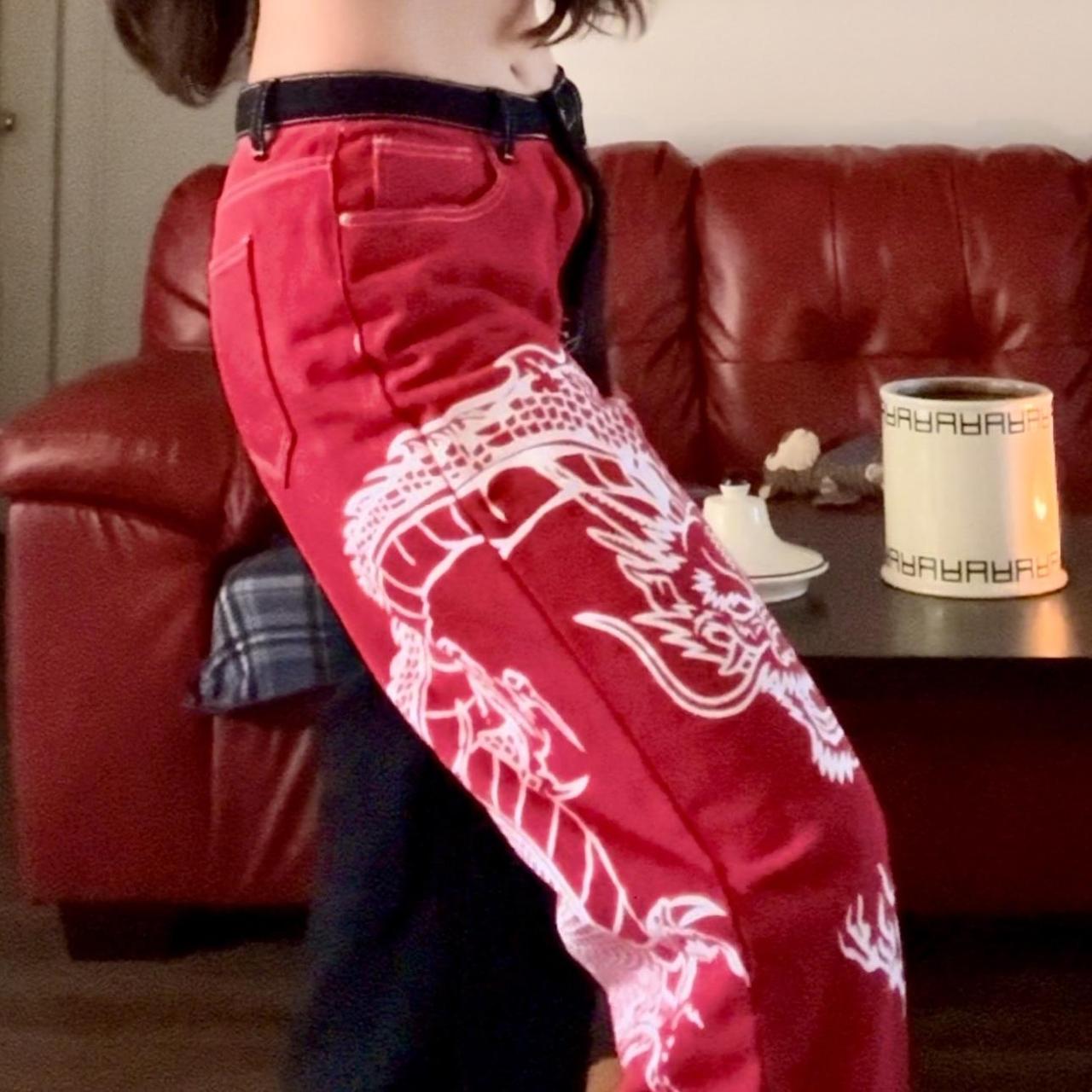black & red jeans with dragon print #shein #dragon... - Depop