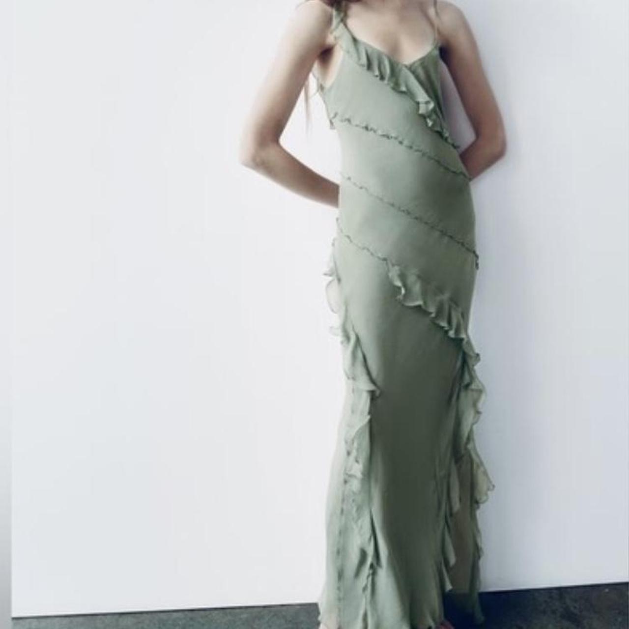 Zara green ruffle maxi dress 🍸 Beautiful sage green... | Depop