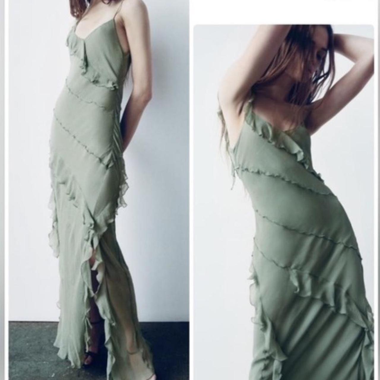 Zara green ruffle maxi dress 🍸 Beautiful sage green... | Depop