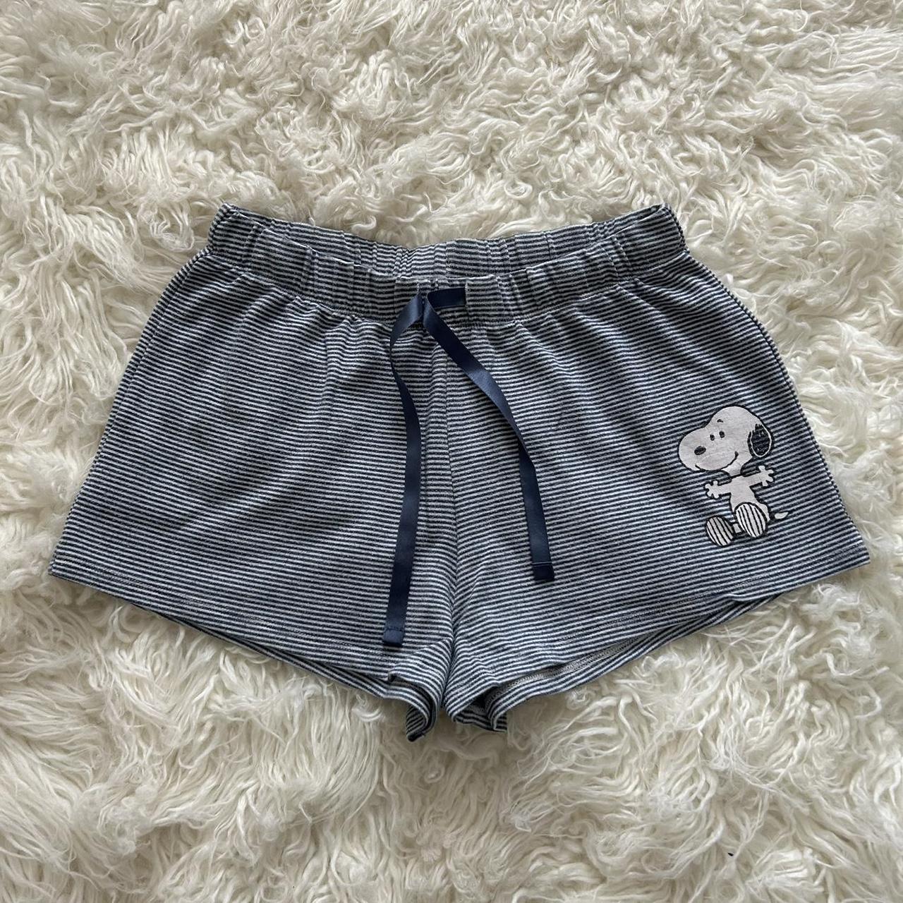 Cute blue and white striped Snoopy shorts with... - Depop