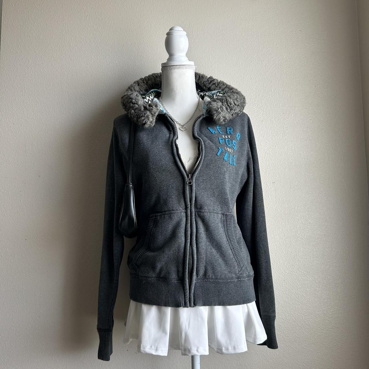 Grey vintage y2k Aeropostale zip up hoodie with faux... | Depop