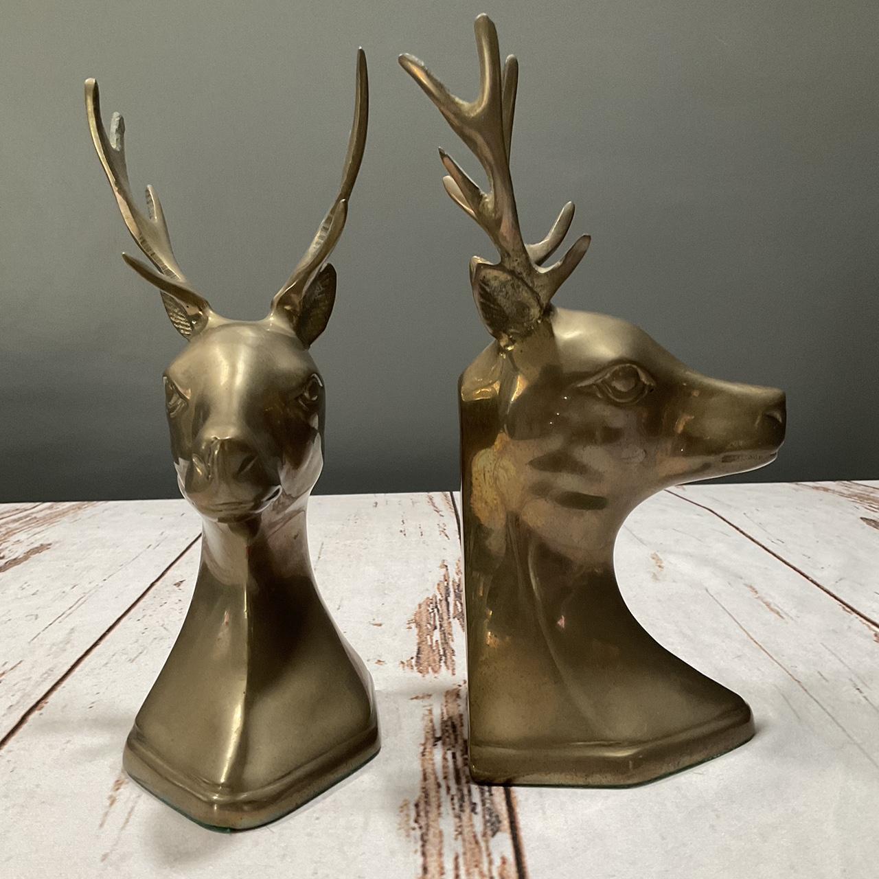 VINTAGE BRASS DEER STAG HEAD BOOKENDS BY LUXURY... | Depop
