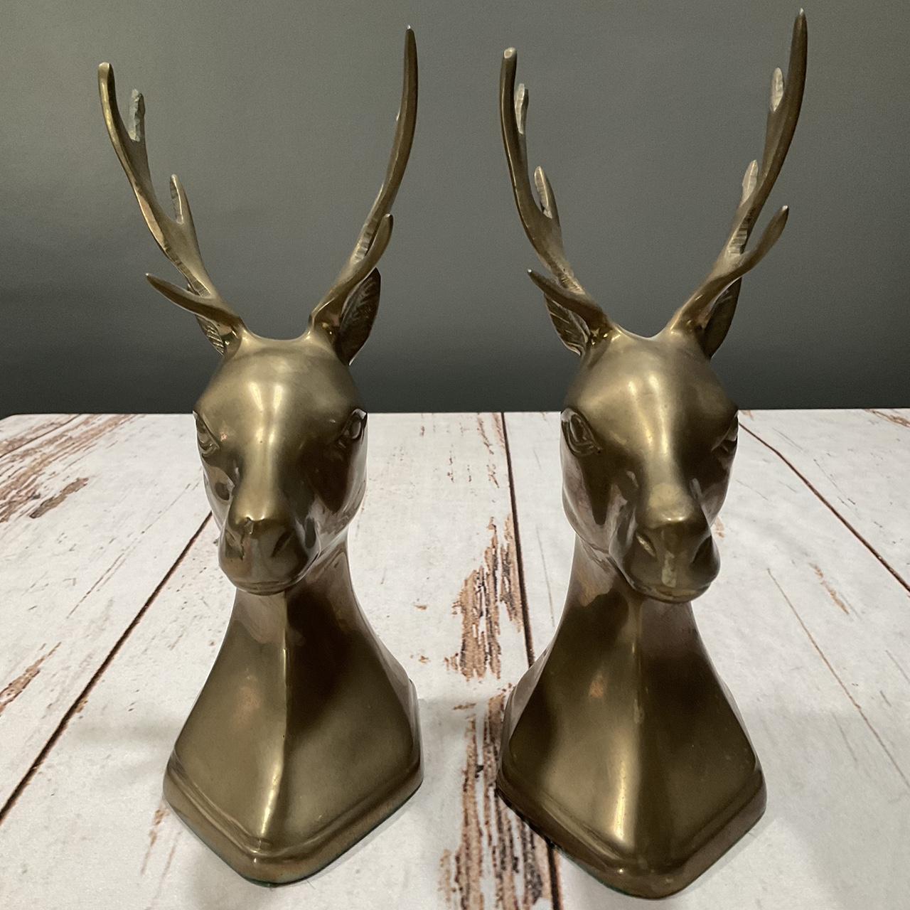 VINTAGE BRASS DEER STAG HEAD BOOKENDS BY LUXURY... | Depop