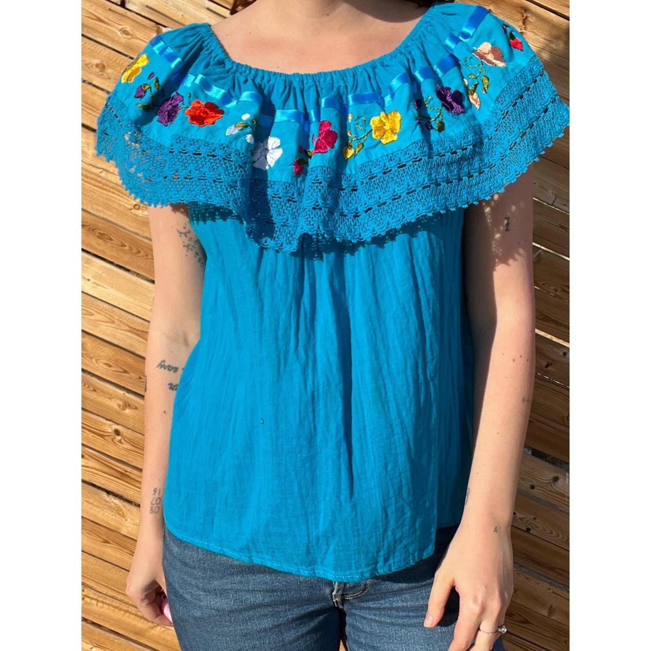 Vintage turquoise blue Mexican embroidered floral... - Depop