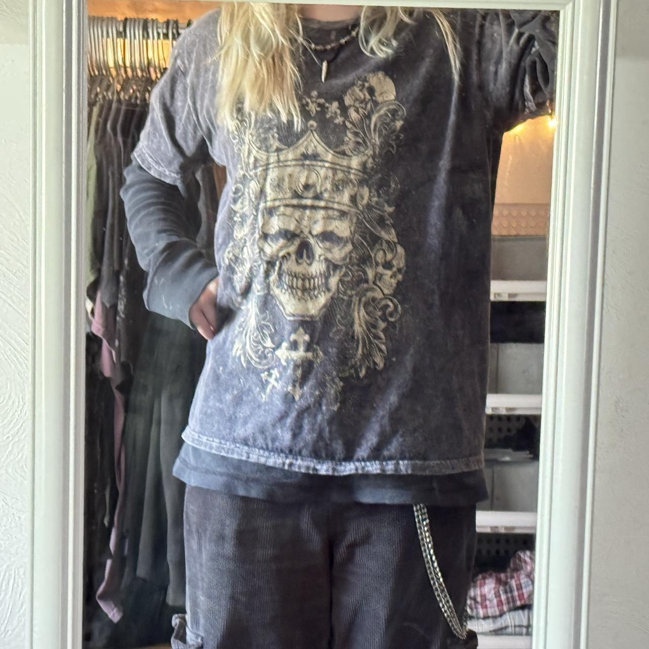 Grey and off white skull graphic T-shirt #goth... | Depop