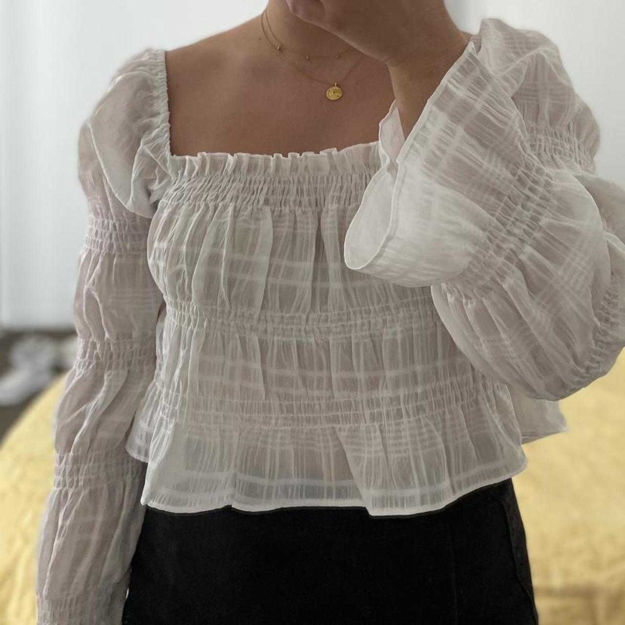 White long sleeve ruffle top Size 12 (worn on size... - Depop