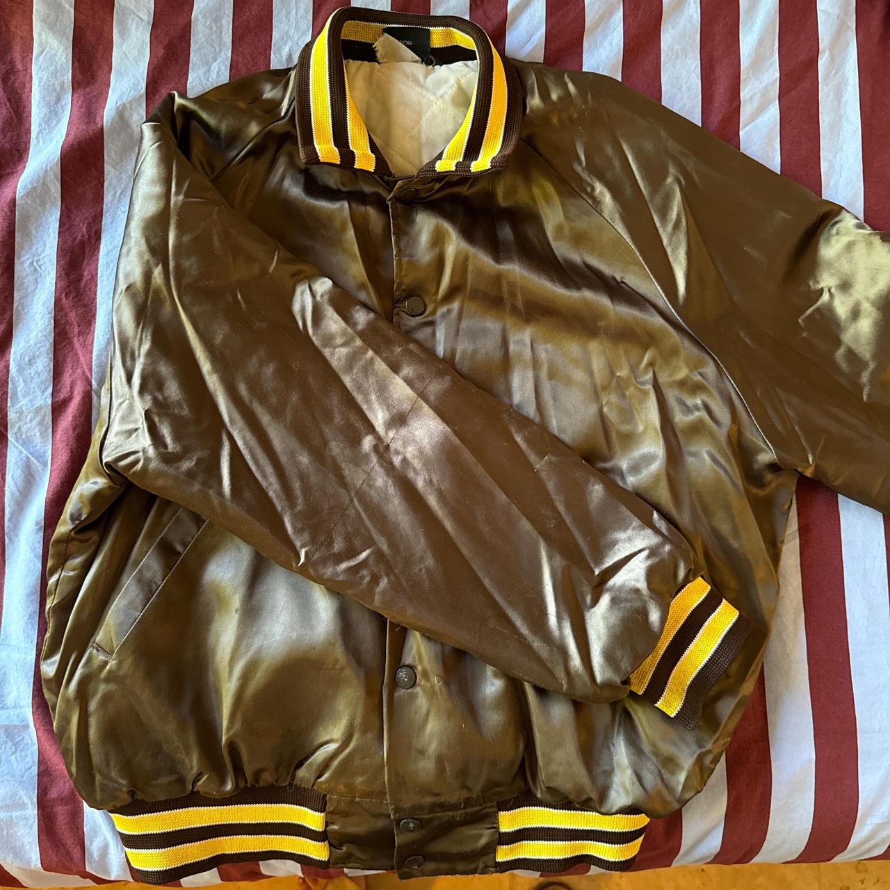 Brown and yellow varsity jacket #vintage #jacket... - Depop