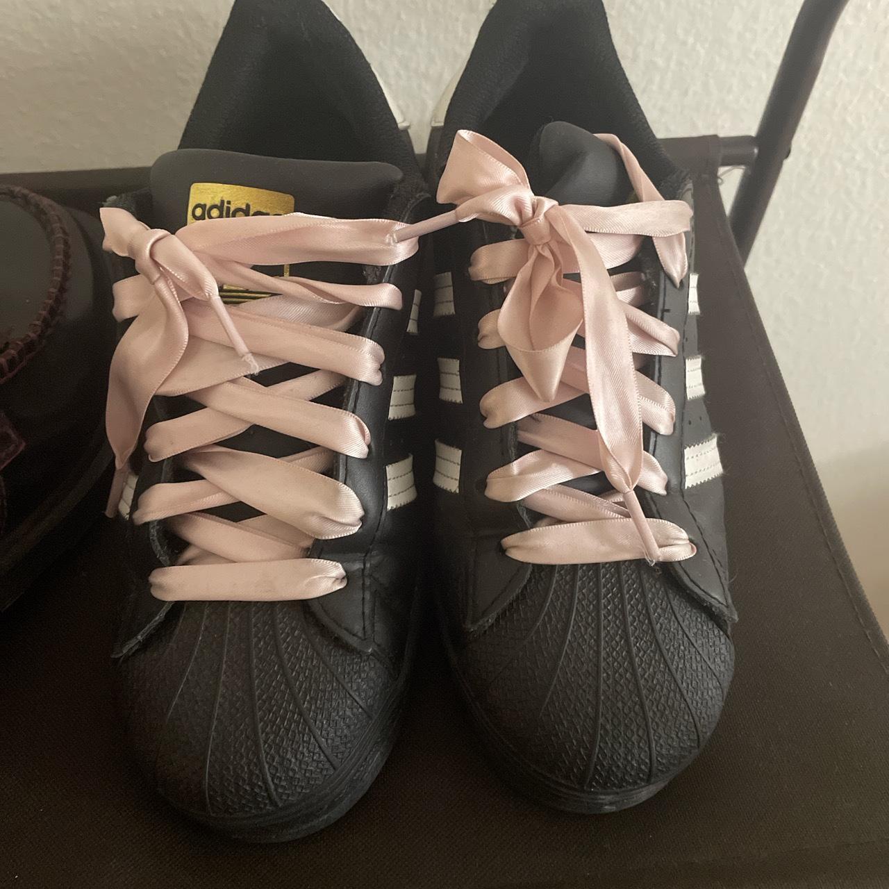 Adidas superstar black sneakers with pink ribbons🎀🖤... - Depop