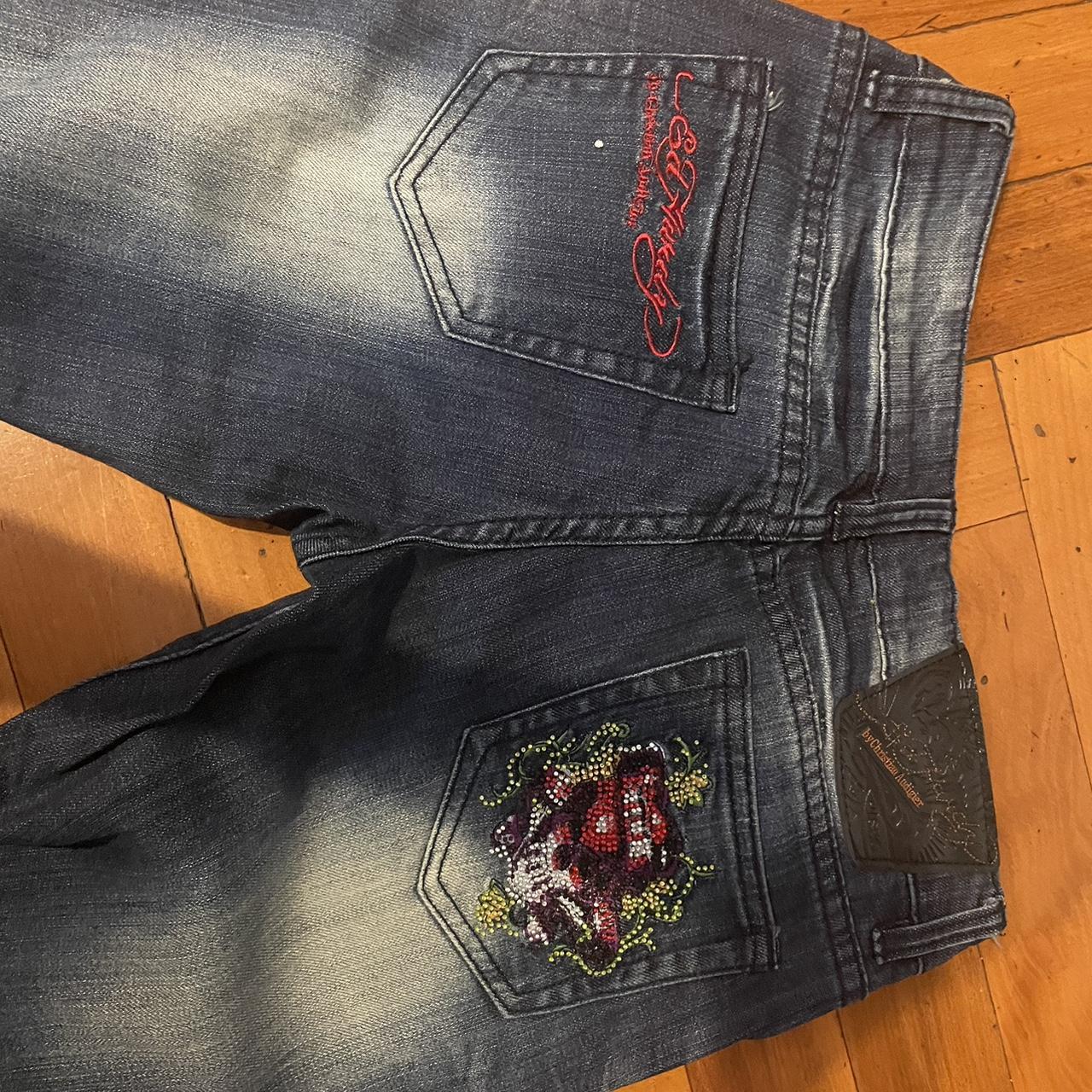 selling ed hardy jewelled skinny dark wash jeans,... - Depop