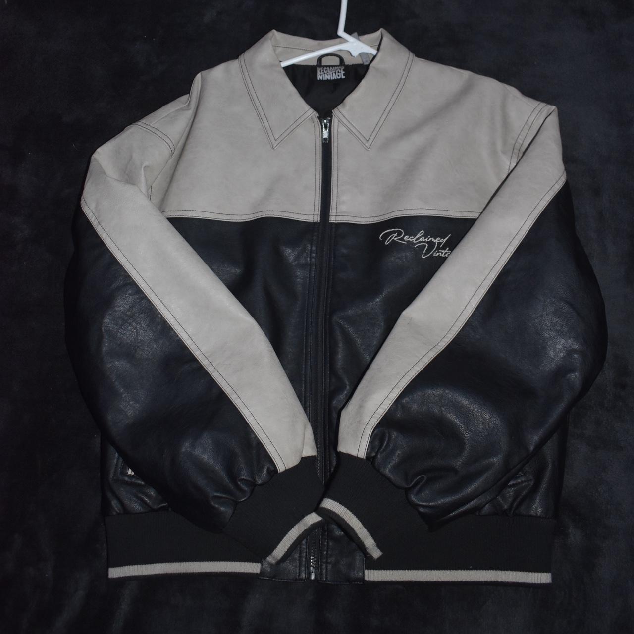Black and Cream leather jacket #leatherJacket - Depop