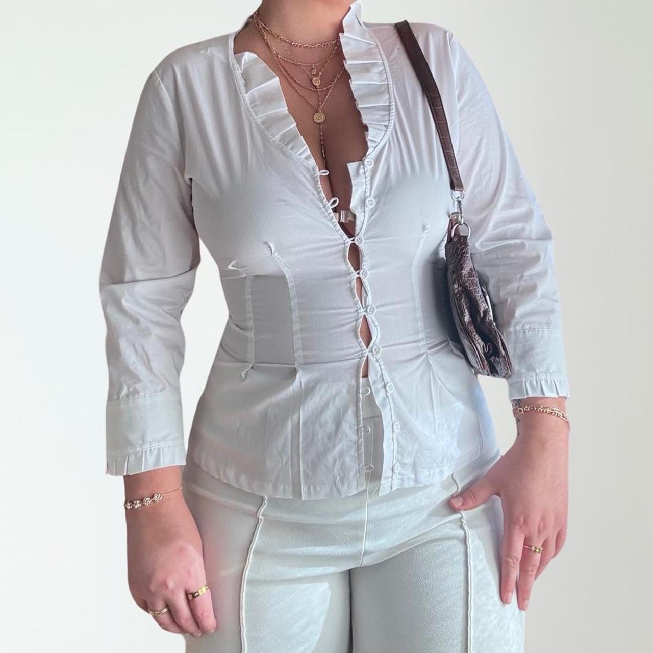 Y2K button up clasp long sleeve white blouse from... - Depop