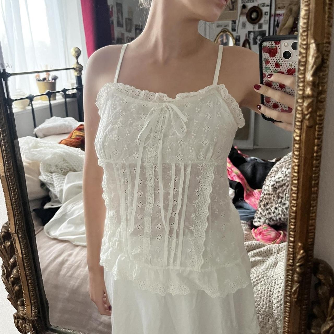 Pointelle white cami lace embroidered tank floral... - Depop