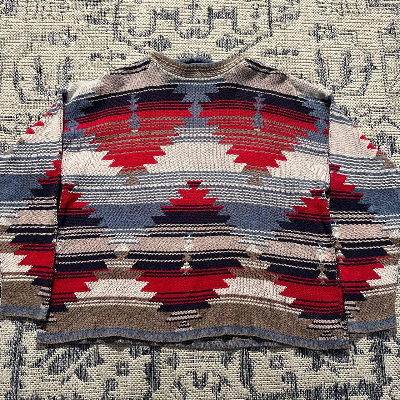 VTG 90's Aztec Print Red and Blue Boxy Sweater /... - Depop