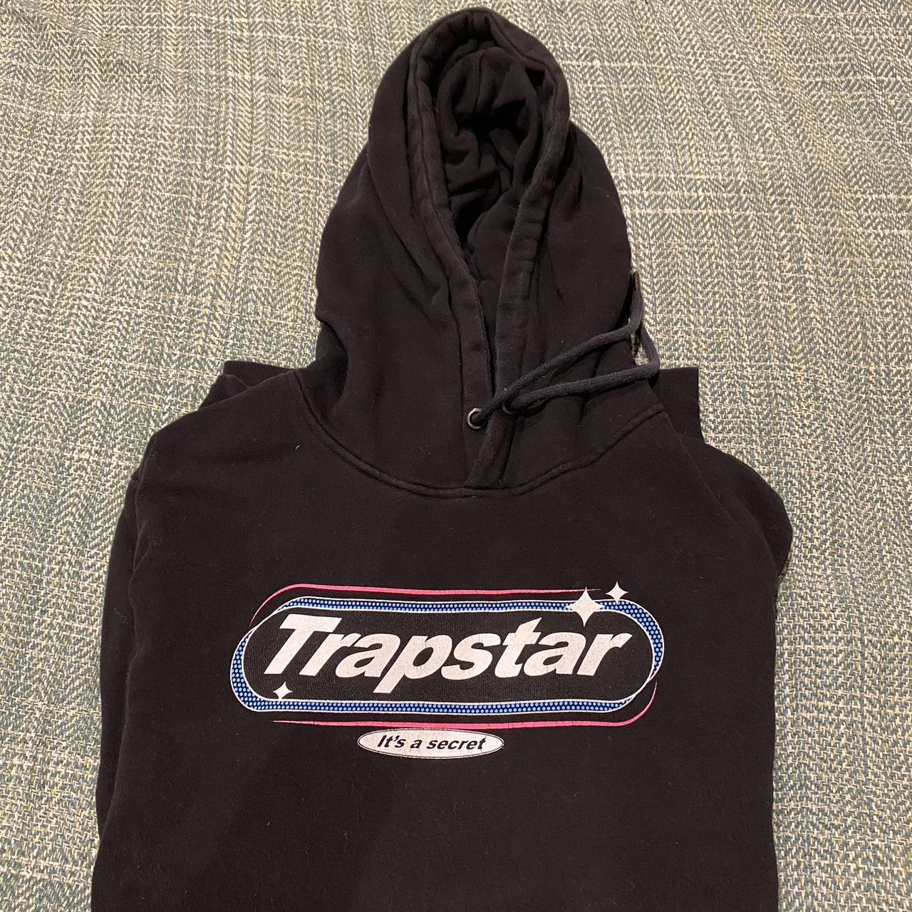 Trapstar black and blue hoodie with graphic on back - Depop