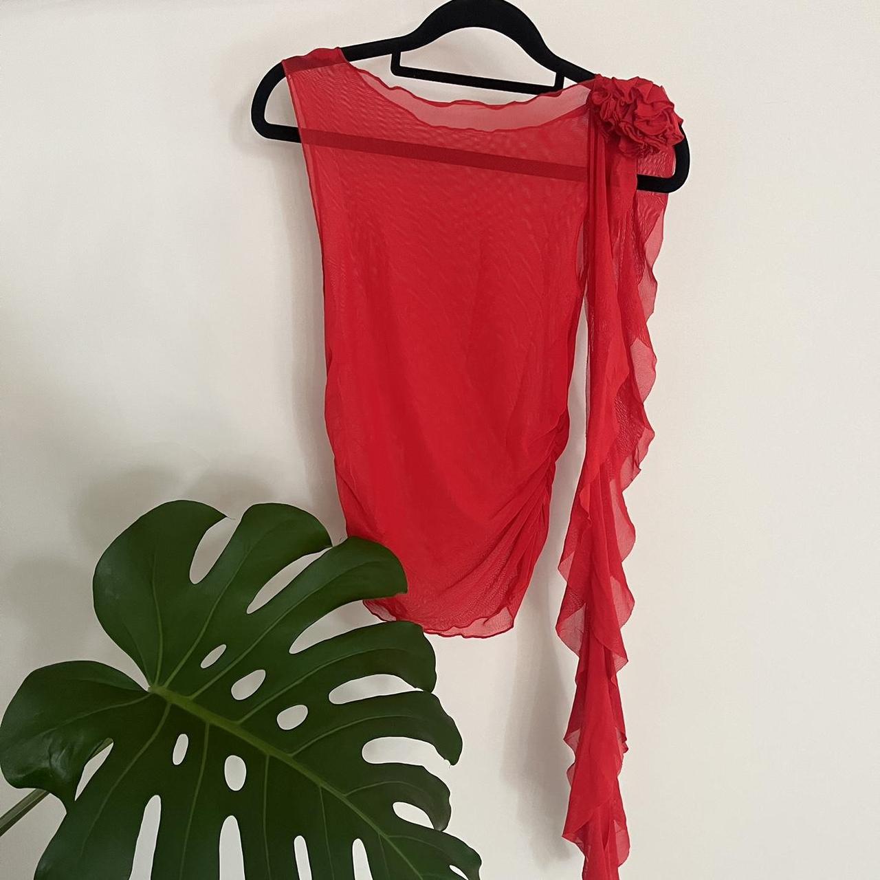 Red mesh top with flower corsage and frill... - Depop